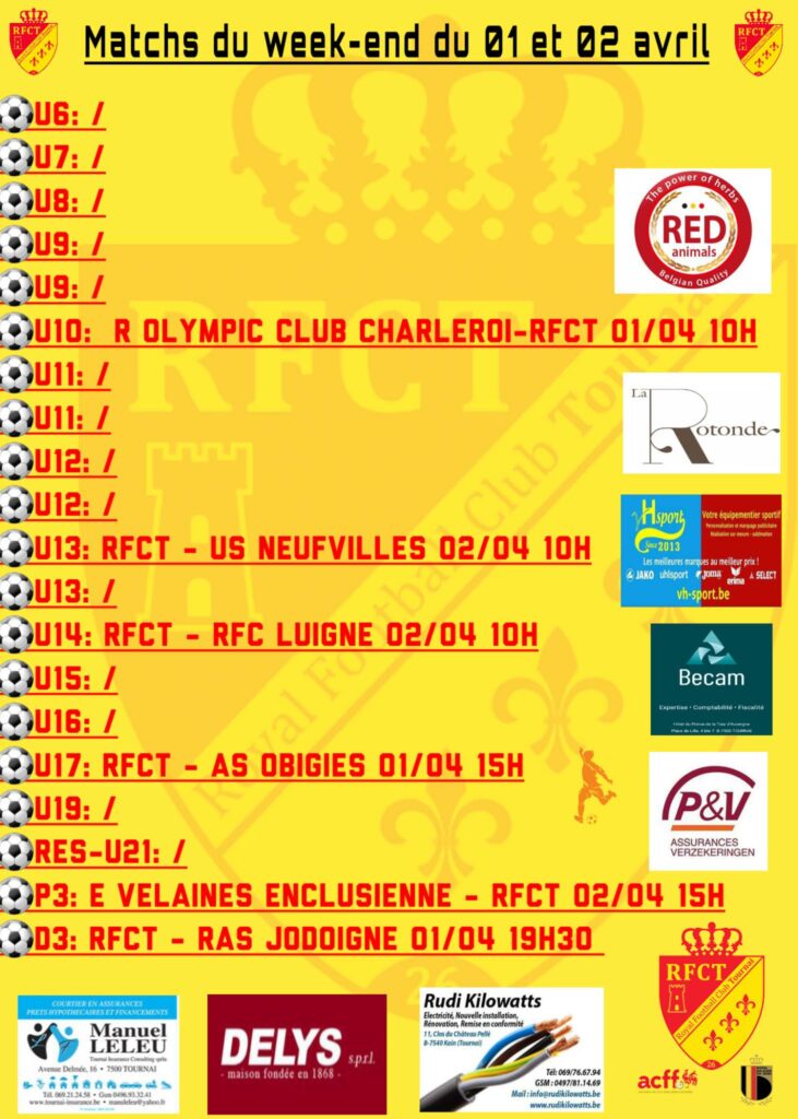Programme du 1er et 2 avril - RFC Tournai - Site Officiel